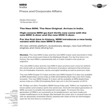 BMW India new MINI launch Press Release | PDF