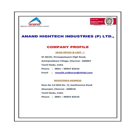 ANAND HIGHTECH INDUSTRIES_Company Profile | PDF