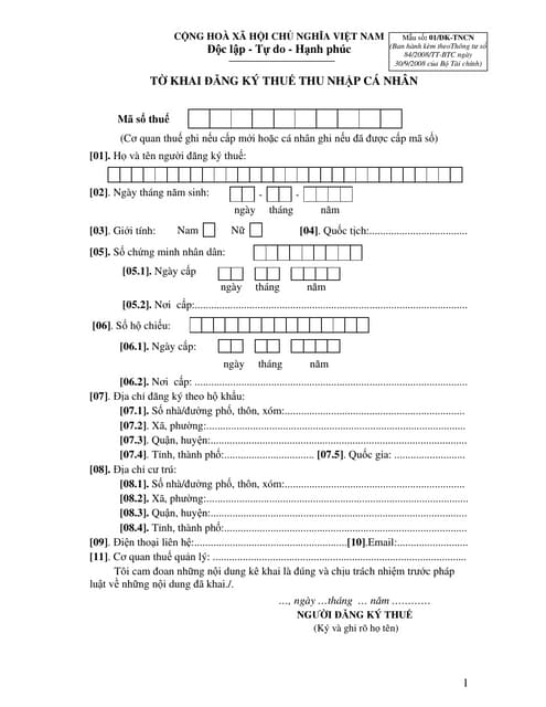 Mau so 10 kk tncn_to khai thue tncn | PDF