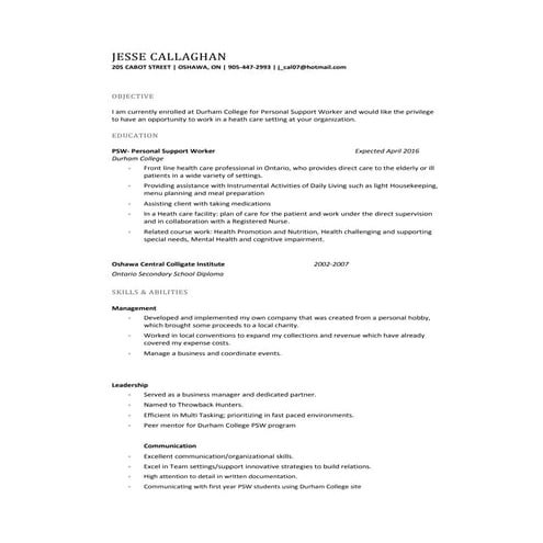 Jesse Callaghan - Resume PSW | DOC