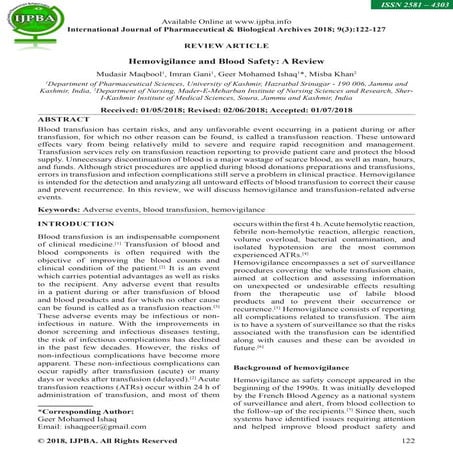 Hemovigilance and Blood Safety: A Review | PDF