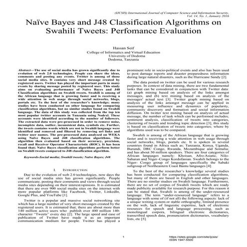Naïve Bayes And J48 Classification Algorithms On Swahili Tweets Performance Evaluation Pdf