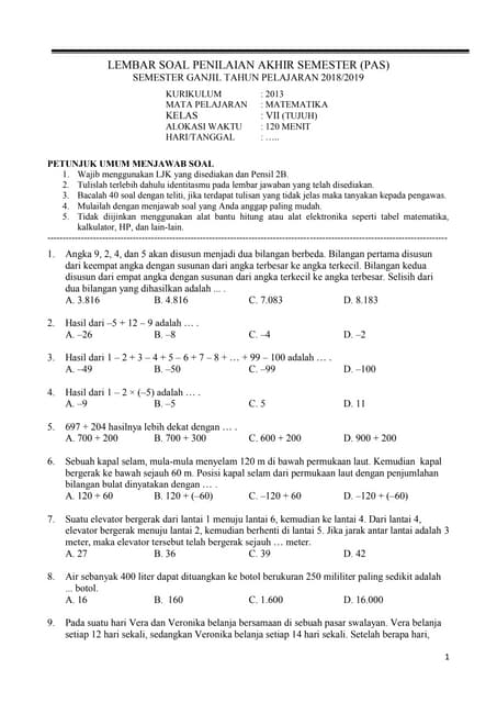 Penilaian Akhir Semester Gasal Matematika Kelas IX Kurikulum13 | PDF