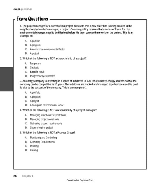 PMP Five Sample Questions | PDF | Business | Business and Finance