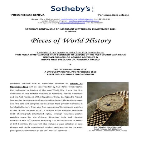 01 Rolex Science: Precious Sotheby’s Geneva 13 November 2011 | PDF
