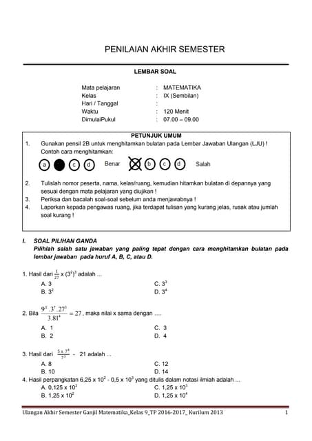 Soal uts genap matematika kelas i semeseter 2 | PDF