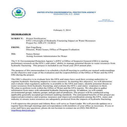 Memo from EPA Office of Inspector General (OIG) Convening Project to Examine Fracking & Water | PDF