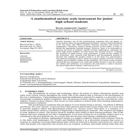 A mathematical anxiety scale instrument for junior high school students ...