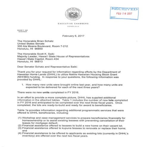 Letter from Ige, DHHL to Schatz, Saiki | PDF