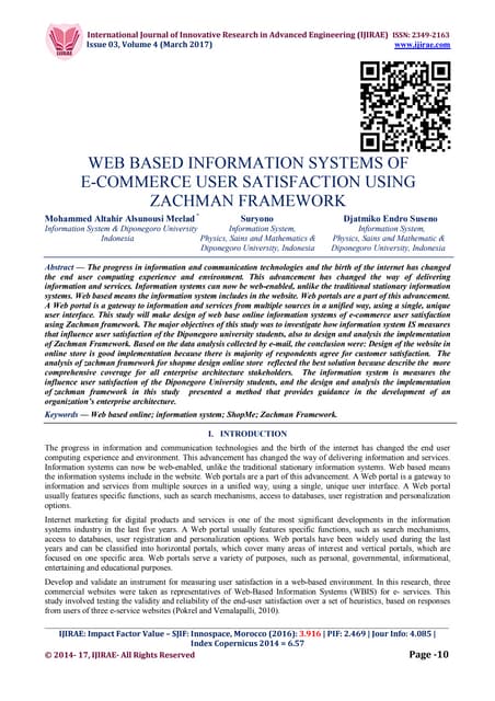 Web Based Information Systems Of E Commerce User Satisfaction Using Zachman Framework Pdf 6340