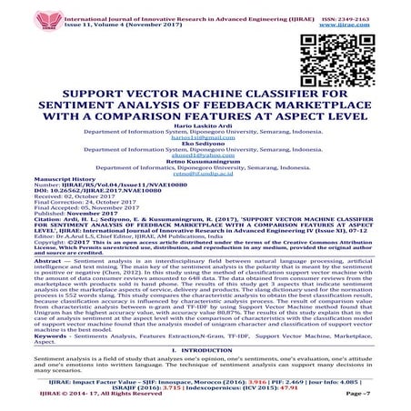 SUPPORT VECTOR MACHINE CLASSIFIER FOR SENTIMENT ANALYSIS OF FEEDBACK ...