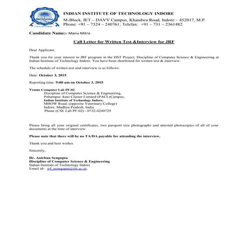 02. jrf 2015 interview call letter | PDF