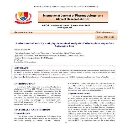 Antimicrobial activity and phytochemical analysis of whole plant Impatiens balsamina linn | PDF