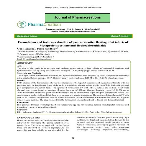 Formulation And Invitro Evaluation Of Gastro Retentive Floating Mini