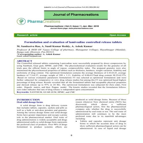 Formulation And Evaluation Of Lamivudine Controlled Release Tablets Pdf