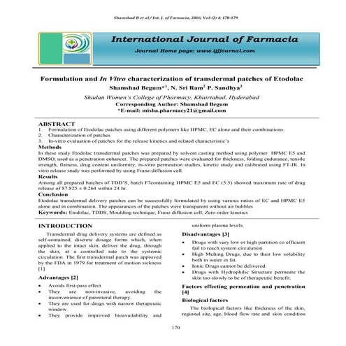 Formulation And In Vitro Characterization Of Transdermal Patches Of Etodolac Pdf