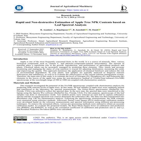 Rapid and Non-destructive Estimation of Apple Tree NPK Contents based on Leaf Spectral Analysis ...