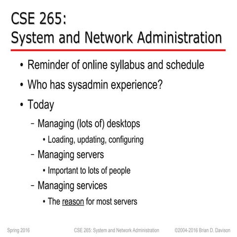 01-Welcome.pdf CSE 265: System and Network Administration | PDF