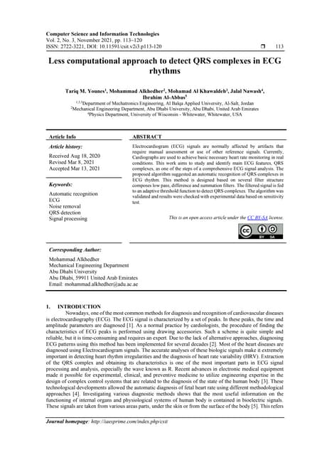 Less Computational Approach To Detect Qrs Complexes In Ecg Rhythms Pdf 4088