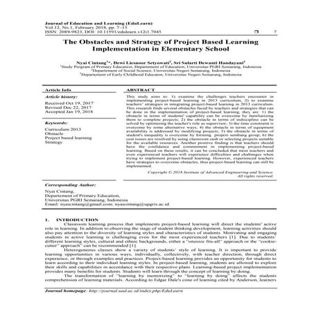 The Obstacles and Strategy of Project Based Learning Implementation in Elementary School | PDF