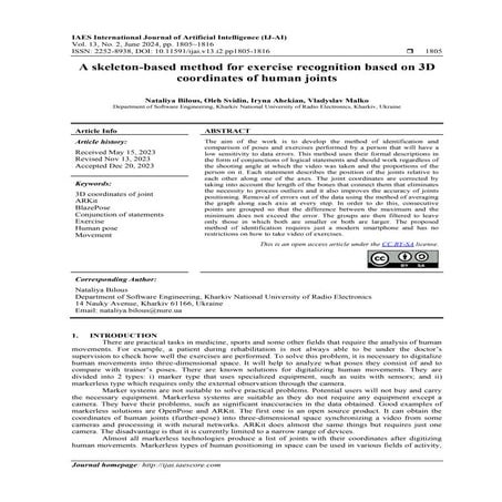 A Skeleton Based Method For Exercise Recognition Based On 3d Coordinates Of Human Joints Pdf