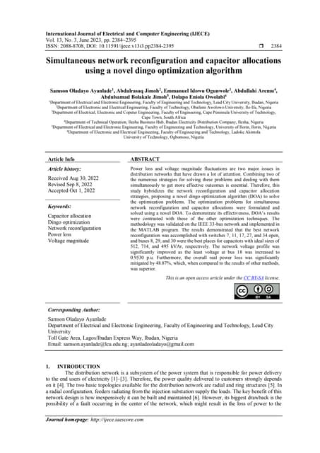Simultaneous Network Reconfiguration And Capacitor Allocations Using A Novel Dingo Optimization