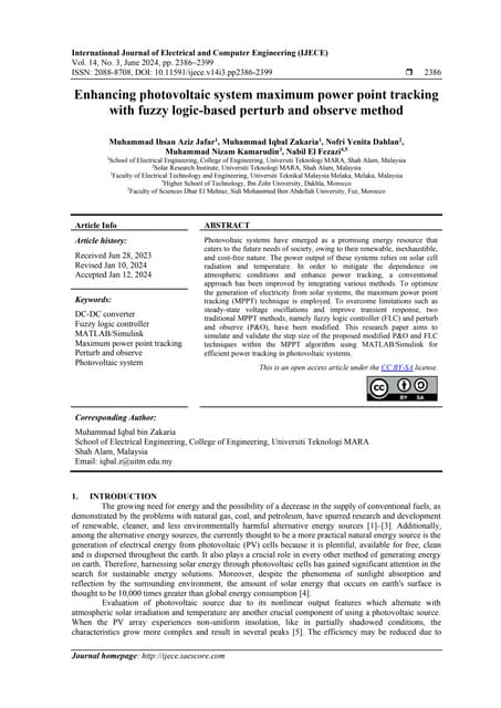 Enhancing Photovoltaic System Maximum Power Point Tracking With Fuzzy Logic Based Perturb And