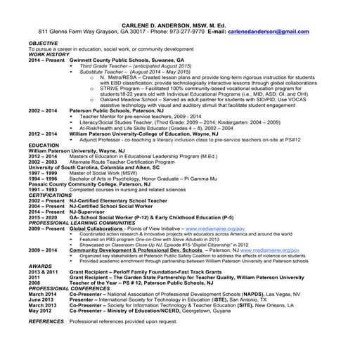 Carlene Anderson MSW-M.Ed. - Resume | PDF