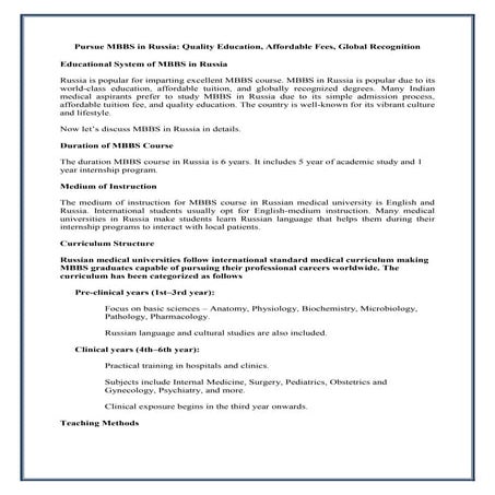 Pursue MBBS in Russia: Quality Education, Affordable Fees, Global Recognition | PDF