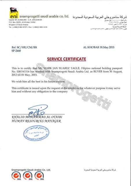 Saipem Experience Certificate | PDF