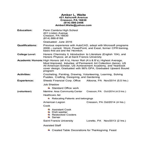 Sarah Smith resume 2016 | DOCX