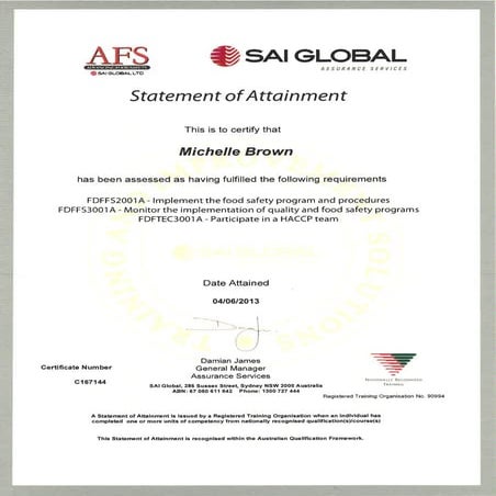 HACCP - Statement of Attainment | PDF