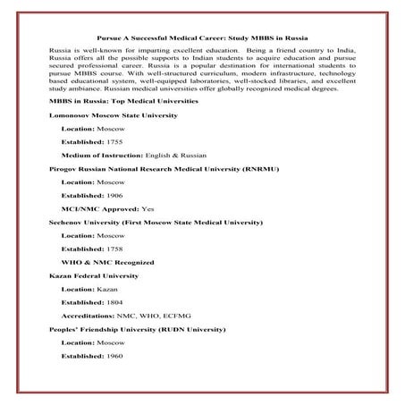 Pursue A Successful Medical Career: Study MBBS in Russia | PDF