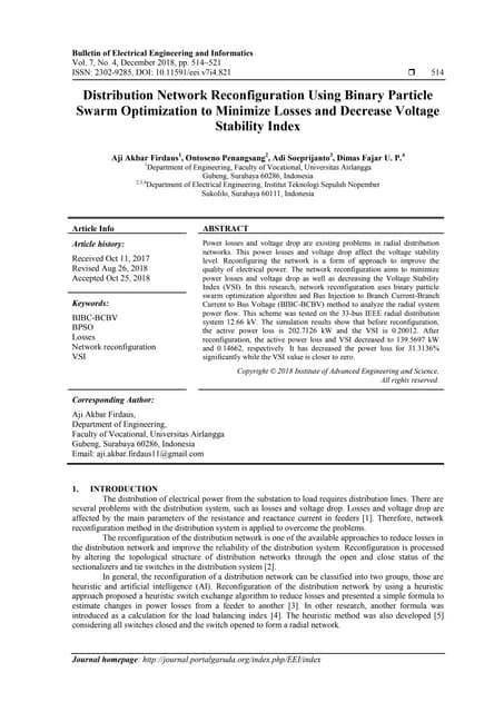Distribution Network Reconfiguration Using Binary Particle Swarm