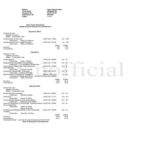 NYU Unofficial Transcript | PDF