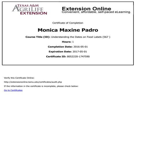 Extension Online Certificate - Understanding the Dates on Food Labels | PDF