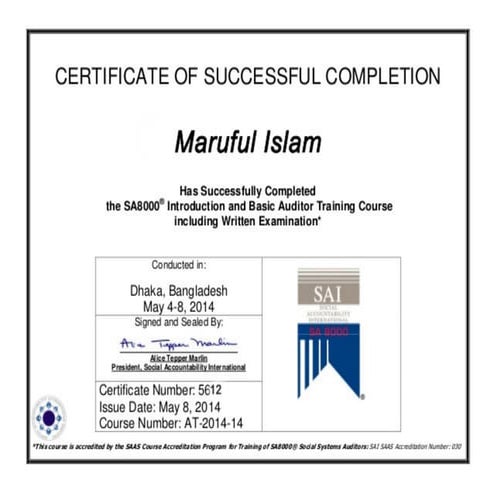 SA 8000 Certificate | PDF
