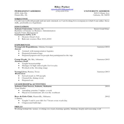 Riley Parker- Harbert Standard Resume Template | DOCX