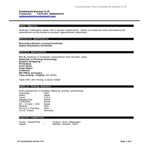 Satheesh+Kumar+C.P.+Resume | DOCX | Desktop Publishing | Computer Software and Applications
