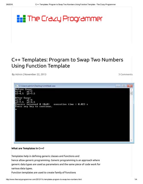 C Templates Program To Swap Two Numbers Using Function Template