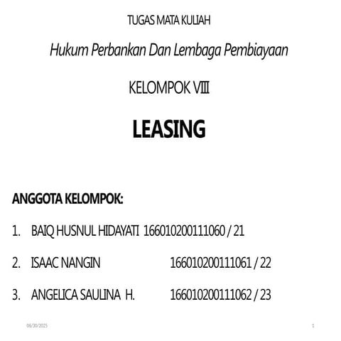 LEASING sebagai salah satu pembiayaan dalam perbankan | PPTX