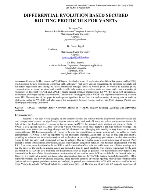 Differential Evolution Based Secured Routing Protocols For Vanets Pdf