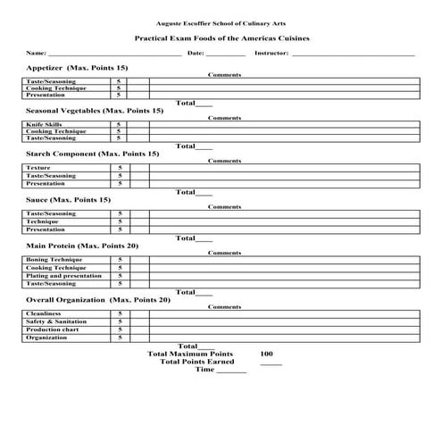 02 practical exam critique sheet foods of americas | DOC
