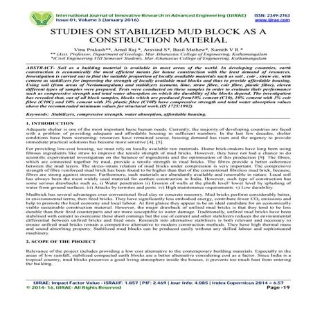 STUDIES ON STABILIZED MUD BLOCK AS A CONSTRUCTION MATERIAL | PDF