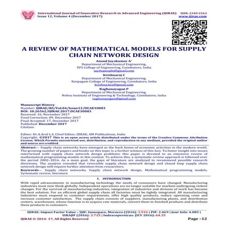 A REVIEW OF MATHEMATICAL MODELS FOR SUPPLY CHAIN NETWORK DESIGN | PDF