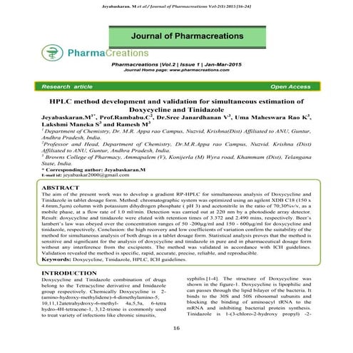 Hplc Method Development And Validation For Simultaneous Estimation Of Doxycycline And Tinidazole
