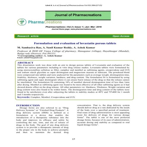 Formulation And Evaluation Of Lovastatin Porous Tablets Pdf