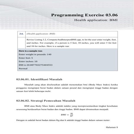 03.06. Menentukan Body Mass Index Menggunakan Bahasa Pemrograman C++ | PDF