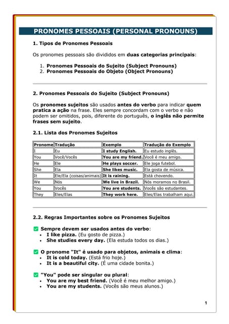 Personal pronouns e subject pronouns | PPTX
