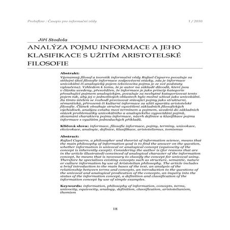 Analýza pojmu informace a jeho klasifikace s užitím aristotelské filosofie | PDF